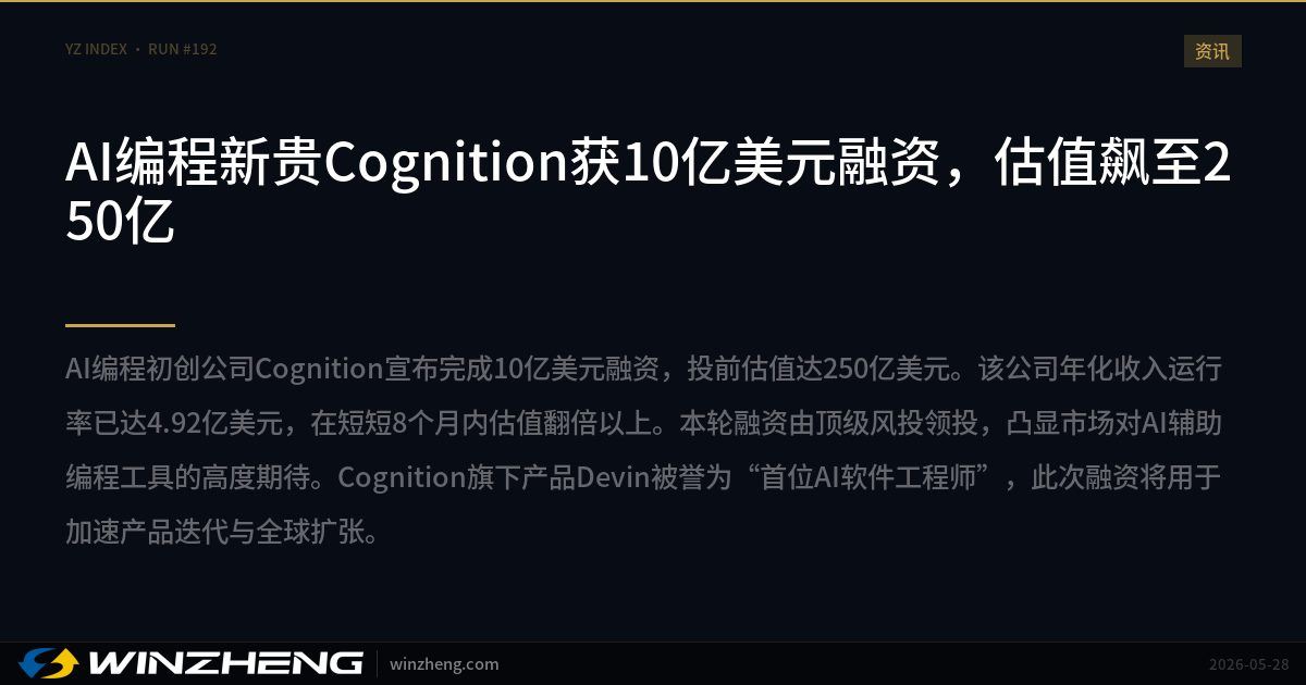 AI编程新贵Cognition获10亿美元融资，估值飙至250亿 | 赢政天下