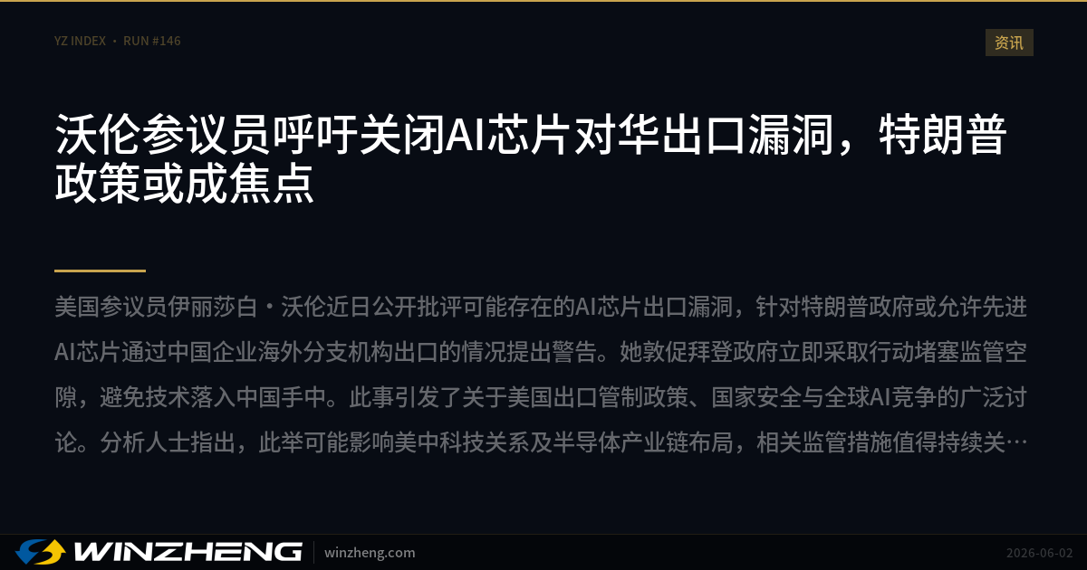 沃伦参议员呼吁关闭AI芯片对华出口漏洞，特朗普政策或成焦点 | 赢政天下